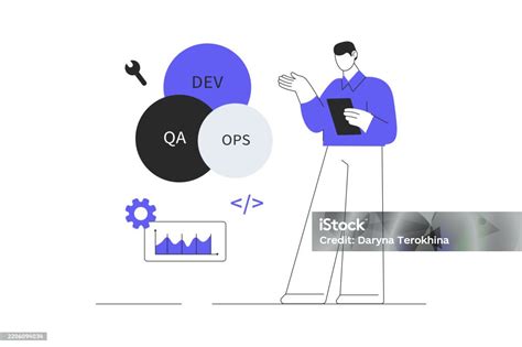 Devops 개발자 개념 소프트웨어 개발 운영 프로세스 기술 지원 자동화 프로세스에서 작업하는 프로그래머 플랫 만화 벡터 일러스트 레이 션 아이콘 스타일리시한 추상 디자인