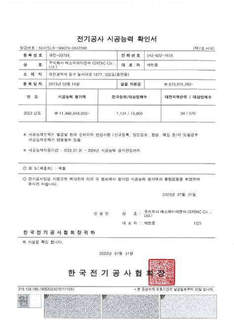 주식회사 에스와이이엔씨 Syenc 인증현황