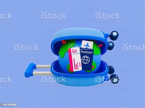 3d 최소 휴가 여행 여행 여름 휴가 여행 레크리에이션 시간 비행기를 타십시오 비행기 표와 여권이 있는 여행 가방 안의 지구본 3d 그림입니다 0명에 대한 스톡 사진 및