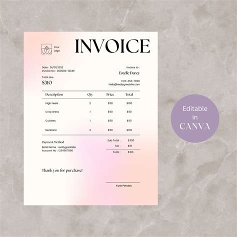 Aesthetic Editable Invoice Ethereal Modern Feminine Invoice Small Business Template Fully