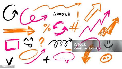 스케치 낙서 화살표 벡터 아이콘 세트입니다 방향 포인터 모양 강조 및 소용돌이 개체 선 곡선 마커 그리기 손으로 그린 브러시 스트로크 그런 지 질감입니다 낙서와 휘갈겨 쓴