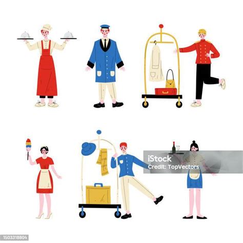 호텔 직원 서비스 직원이 설정되었습니다 포터 웨이트리스 하녀 요리사 요리사 유니폼 만화 벡터 일러스트레이션 레스토랑에 대한 스톡 벡터 아트 및 기타 이미지 Istock