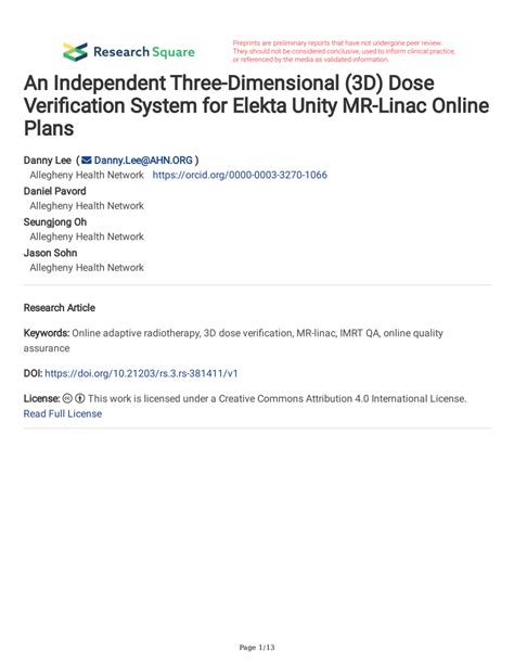 Pdf An Independent Three Dimensional 3d Dose Verification System For Elekta Unity Mr Linac