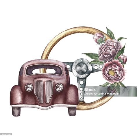 빈티지 복고풍 자동차 정면도입니다 빈티지 꽃으로 장식된 앤티크 나무 스티어링 휠 수채화 그림 손으로 단독으로 배너 광고지 포스터 인쇄용 스티커 엽서 0명에 대한 스톡 벡터