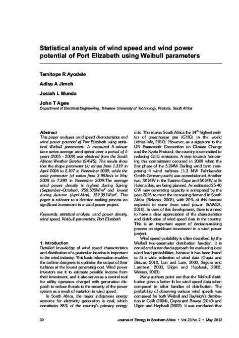 Pdf Statistical Analysis Of Wind Speed And Wind Power Potential Of Port Elizabeth Using
