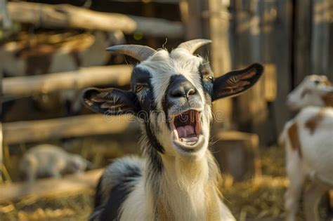 Goat Bleating With Its Mouth Open In A Farmyard Standing Near A Wooden