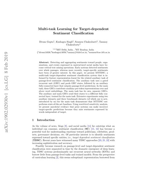Pdf Multi Task Learning For Target Dependent Sentiment Classification