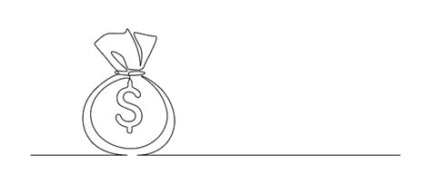 하나의 연속적인 선 그리기에 달러 돈 가방 간단한 선형 스타일의 현금과 동전이 들어있는 돈 가방 저축 돈과 은행 개념은 편집 가능한 스트로크입니다 낙서 개요 벡터 일러스트