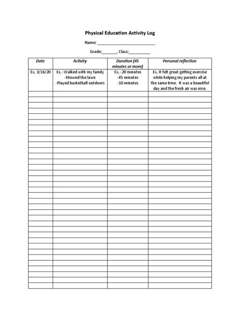 Physical Education Activity Log Pdf