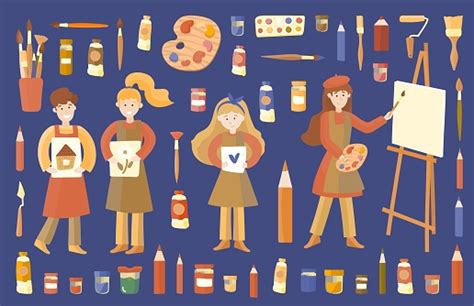 파란색 배경에 평면 벡터 일러스트 아티스트 성인과 어린이의 집합입니다 드로잉 아트 스튜디오 디자인 드로잉 미술 교육 창의성을위한 자료 교육에 대한 스톡 벡터 아트 및 기타