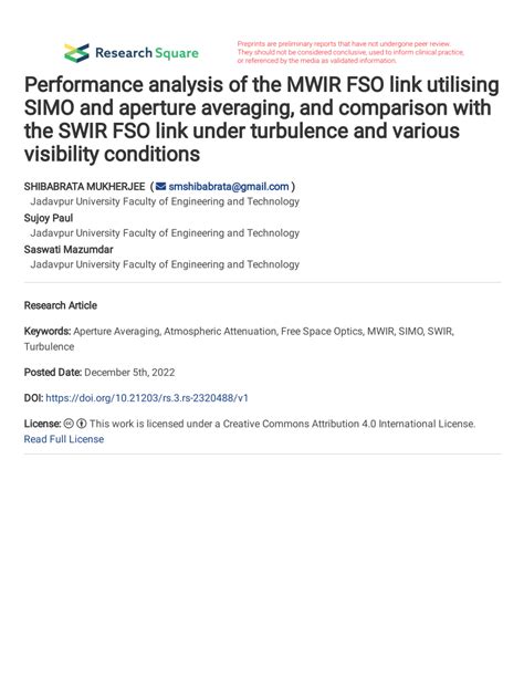 Pdf Performance Analysis Of The Mwir Fso Link Utilising Simo And Aperture Averaging And