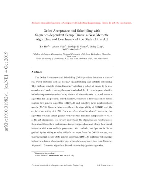 Pdf Order Acceptance And Scheduling With Sequence Dependent Setup Times A New Memetic