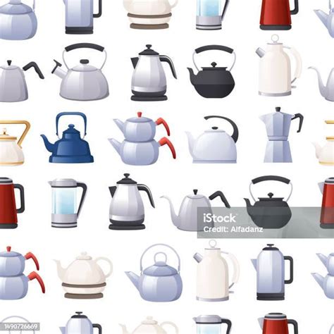 다양한 유형의 찻주전자 전기 커피 세라믹 금속 주전자 흰색 배경에 벡터 그림의 원활한 패턴 컬렉션 강철에 대한 스톡 벡터 아트
