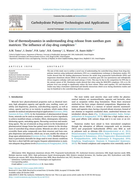 Pdf Use Of Thermodynamics In Understanding Drug Release From Xanthan Gum Matrices The