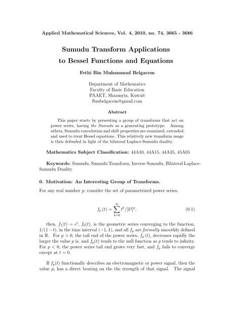 Pdf Sumudu Transform Applications To Bessel Functions And Equations