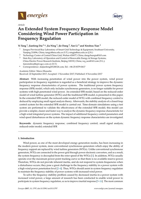 Pdf An Extended System Frequency Response Model Considering Wind