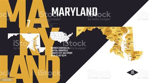 미국 50개 주 중 7개 영토 별명을 가진 카운티로 나뉘어짐 연합에 가입한 이름과 날짜가 포함된 상세한 벡터 메릴랜드 지도 여행