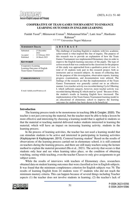 PDF Cooperative Of Team Games Tournament To Enhance Learning Outcomes In English Learning