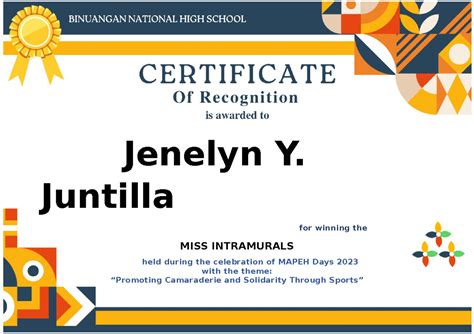 Intramurals Certificate Recognition 1 Auto Recovered Jenelyn Y Juntilla For Winning The Miss