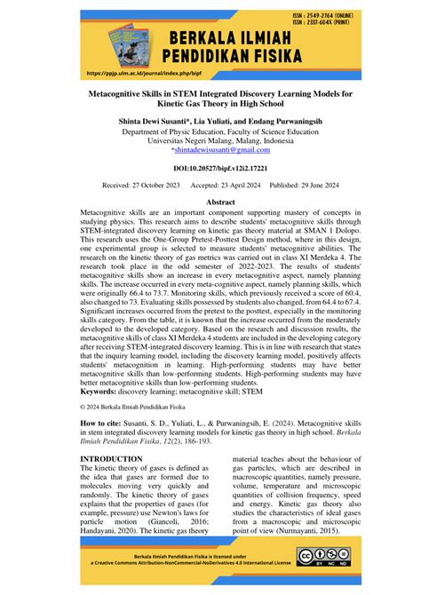 Pdf Metacognitive Skills In Stem Integrated Discovery Learning Models For Kinetic Gas Theory