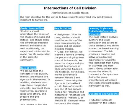 Intersections Of Cell Division Lesson Plan For 7th 10th Grade Lesson Planet