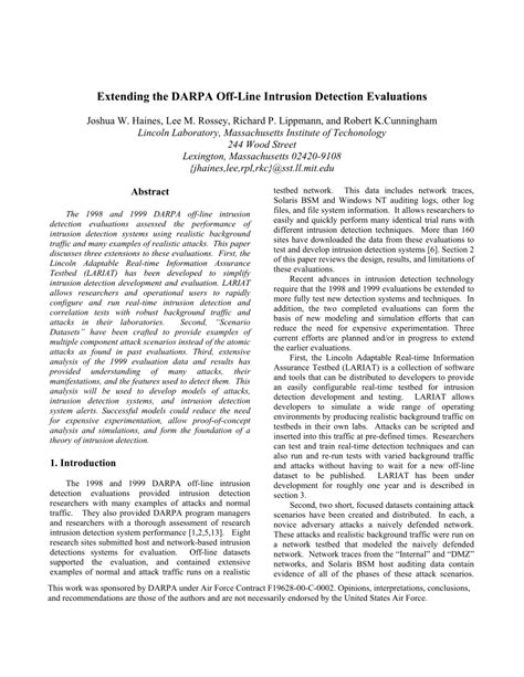 Pdf Extending The Darpa Off Line Intrusion Detection Evaluations
