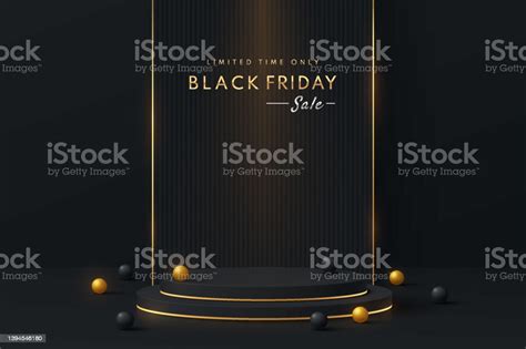 구슬 볼이있는 추상적 인 방에서 사실적인 검은 색 황금색 3d 실린더 받침대 연단 블랙 프라이데이 판매 모형 제품 무대 쇼케이스 프로모션 디스플레이를위한 최소한의 장면 벡터