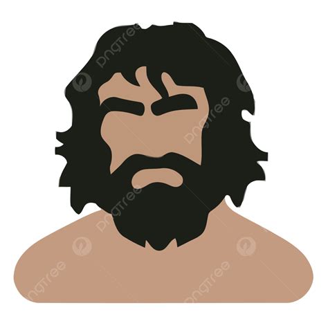 머리와 수염이 난 얼굴로 잘린 머리 벡터 흰색 배경에 원시인의 단순한 검은 아이콘 그림자 없음 작은 프레임 중앙 Png 일러스트 및 벡터 에 대한 무료 다운로드
