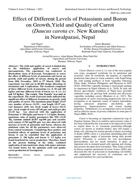 Effect Of Different Levels Of Potassium And Boron On Growth Yield And