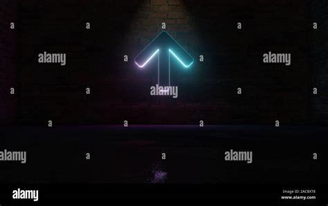 3d Rendering Of Blue Violet Neon Symbol Of Simple Up Open Arrow On Dark Brick Wall Background