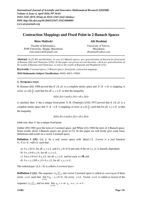 Pdf Contraction Mappings And Fixed Point In 2 Banach Spaces