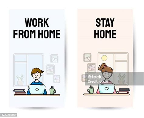 동기 부여 수직 배너의 홈 세트에서 작업 자기 고립을 연습 홈 오피스 노트북 앞에 앉아 있는 밀레니엄 세대 벡터 플랫 스타일 만화 일러스트 검색에 대한 스톡 벡터 아트 및