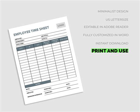 Employee Time Sheet Editable Time Sheet Printable Time Sheet Time Tracker Work Log Time Log