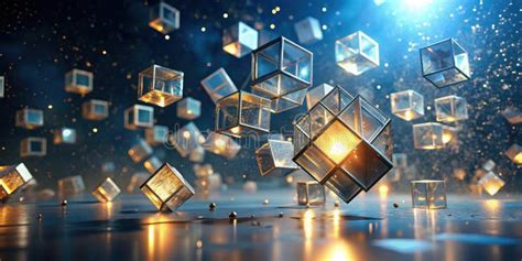 Illuminated Glass Cubes Floating In A Dark Space Reflecting Light And Creating An Abstract