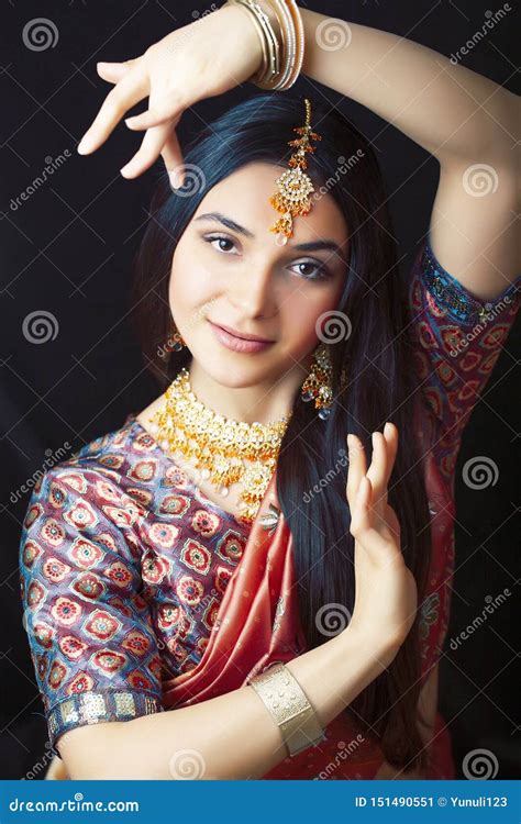 Beauty Sweet Real Indian Girl In Sari Smiling Cheerful Jewelry Shining