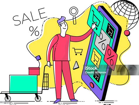 프리젠 테이션 웹 방문 페이지 인포 그래픽을위한 플랫 일러스트 디자인 만화 캐릭터 남자는 자신의 스마트 폰의 온라인 상점에서