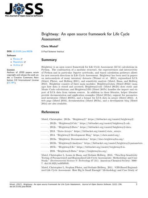 Brightway An Open Source Framework For Life Cycle Assessment Pdf Life Cycle Assessment
