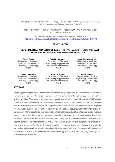 Pdf Experimental Analysis Of Electro Hydraulic Hybrid Actuator System For Off Highway Working