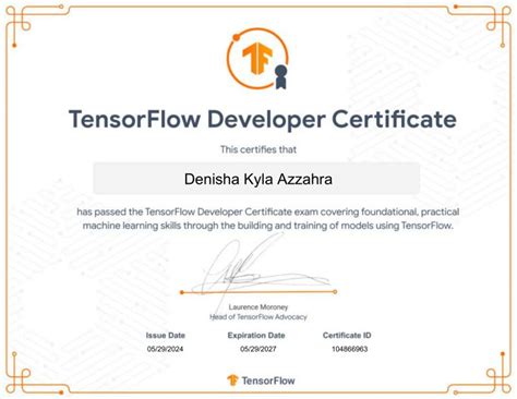 Earned Tensorflow Developer Certificate Denisha Kyla Azzahra Posted