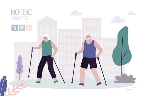 행복한 노인과 여자 하이킹 훈련 활동적인 노인 건강한 생활 방식 노인들은 노르딕 워킹 막대기로 야외 운동을합니다 노부부 야외 스포츠 건강관리와 의술에 대한 스톡 벡터 아트
