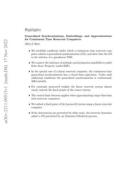 Pdf Generalised Synchronisations Embeddings And Approximations For Continuous Time Reservoir