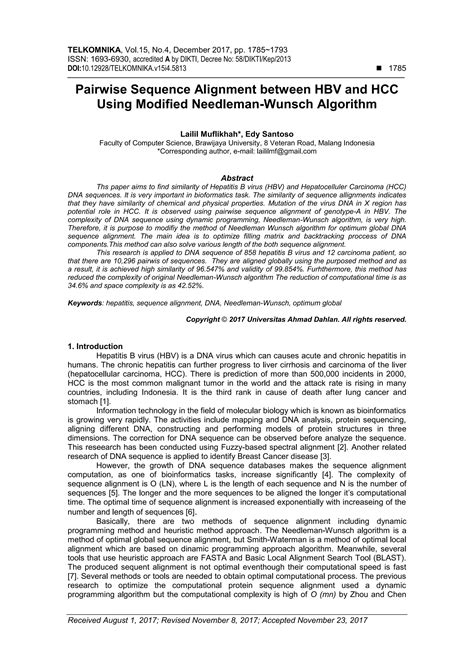 Pairwise Sequence Alignment Between Hbv And Hcc Using Modified Needleman Wunsch Algorithm Pdf