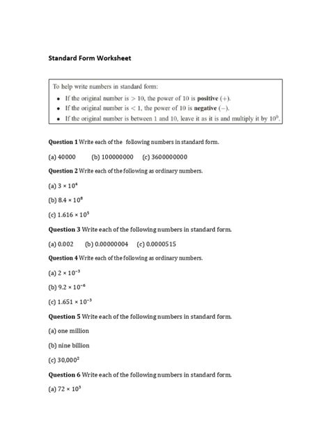 Standard Form Questions Cw Pdf