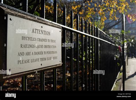 Notice Warning That Bicycles Chained To Railings Are An Obstruction And A Danger To Pedestrians
