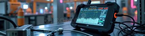 Industrial Handheld Oscilloscope Displaying Signal Data In High Tech Laboratory Environment