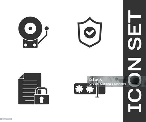 Set Password Protection Ringing Alarm Bell Document And Lock And Shield With Check Mark Icon