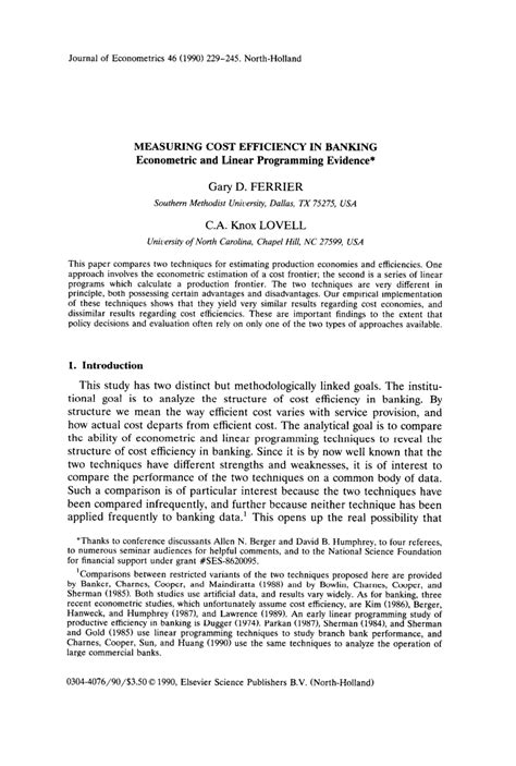 Pdf Measuring Cost Efficiency In Banking Econometric And Linear Programming Evidence