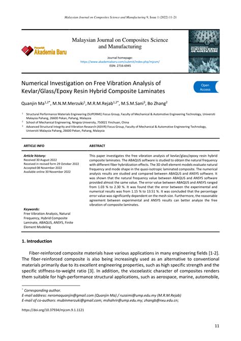 Pdf Numerical Investigation On Free Vibration Analysis Of Kevlar Glass Epoxy Resin Hybrid