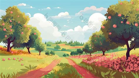 苹果树丰收果园色彩斑斓的插画图片 包图网