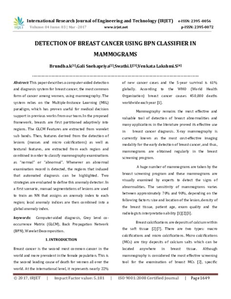 Pdf Detection Of Breast Cancer Using Bpn Classifier In Mammograms
